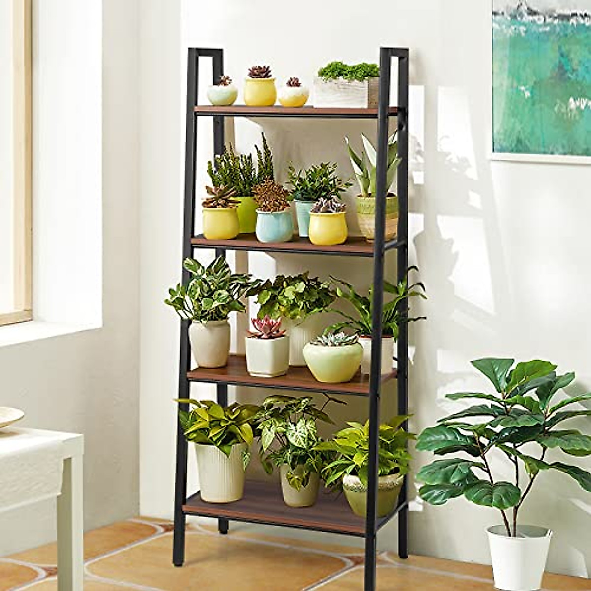 Tangkula 4-Tier Ladder Bookshelf, Freestanding Open Bookcase with Metal Frame & Anti-toppling Device, Industrial Wooden Storage Display Shelf Plant Stand for Living Room Study Balcony (2, 4-Tier)