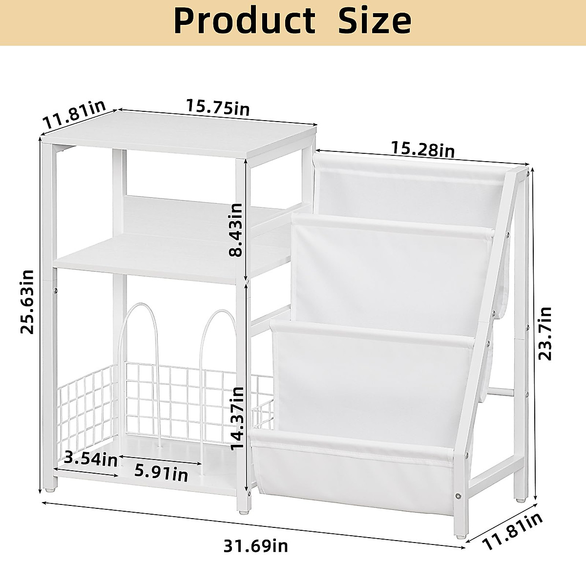 LELELINKY Record Player Table,Turntable Shelf with Vinyl Storage Up to 150 Albums,White Side Table with 3 Tier Magazine Periodical Book Rack,Wide Metal Record Holder Cabinet for Room Office