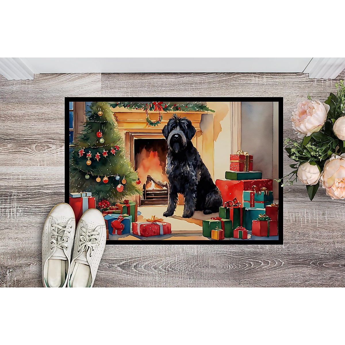 Caroline's Treasures DAC2619MAT Bouvier des Flandres Cozy Christmas Doormat Front Door Mat Indoor Outdoor Rugs for Entryway, Non Slip Washable Low Pile, 18H X 27W