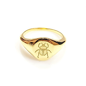 Sterling Silver Ring Engraved Beetle Ring Insect Ring Scarab Ring Signet Ring (Gold, 7)