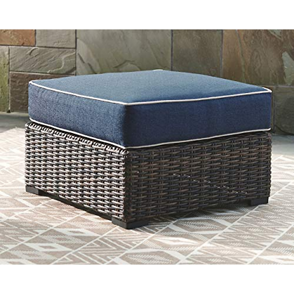 Signature Design by Ashley Grasson Lane Outdoor Patio Upholstered Ottoman with Wicker Base, Blue