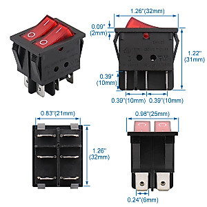 Baomain Boat Rocker Switch Red Light Illuminated AC 16A/250V 16A/125V 6 Pin Dual DPDT ON/OFF UR List (1PCS)