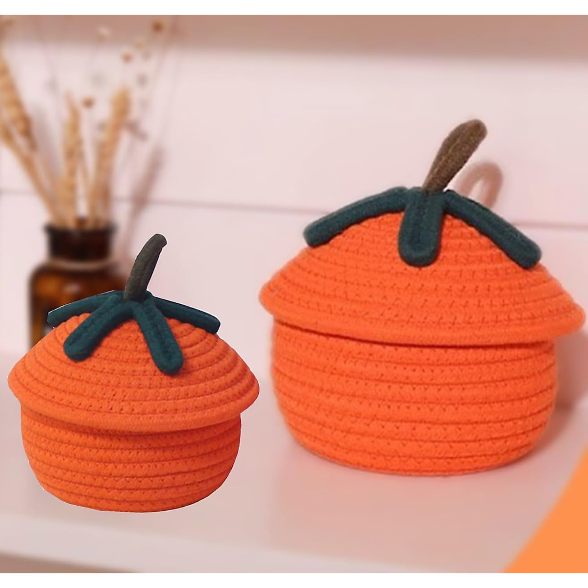 Halloween Pumpkin Basket with Lid, Halloween Pumpkin Woven Storage Basket, Candy Basket Decorative Cute Basket, Orange Woven Rope Basket for Store Toys Candys Snacks (Small)