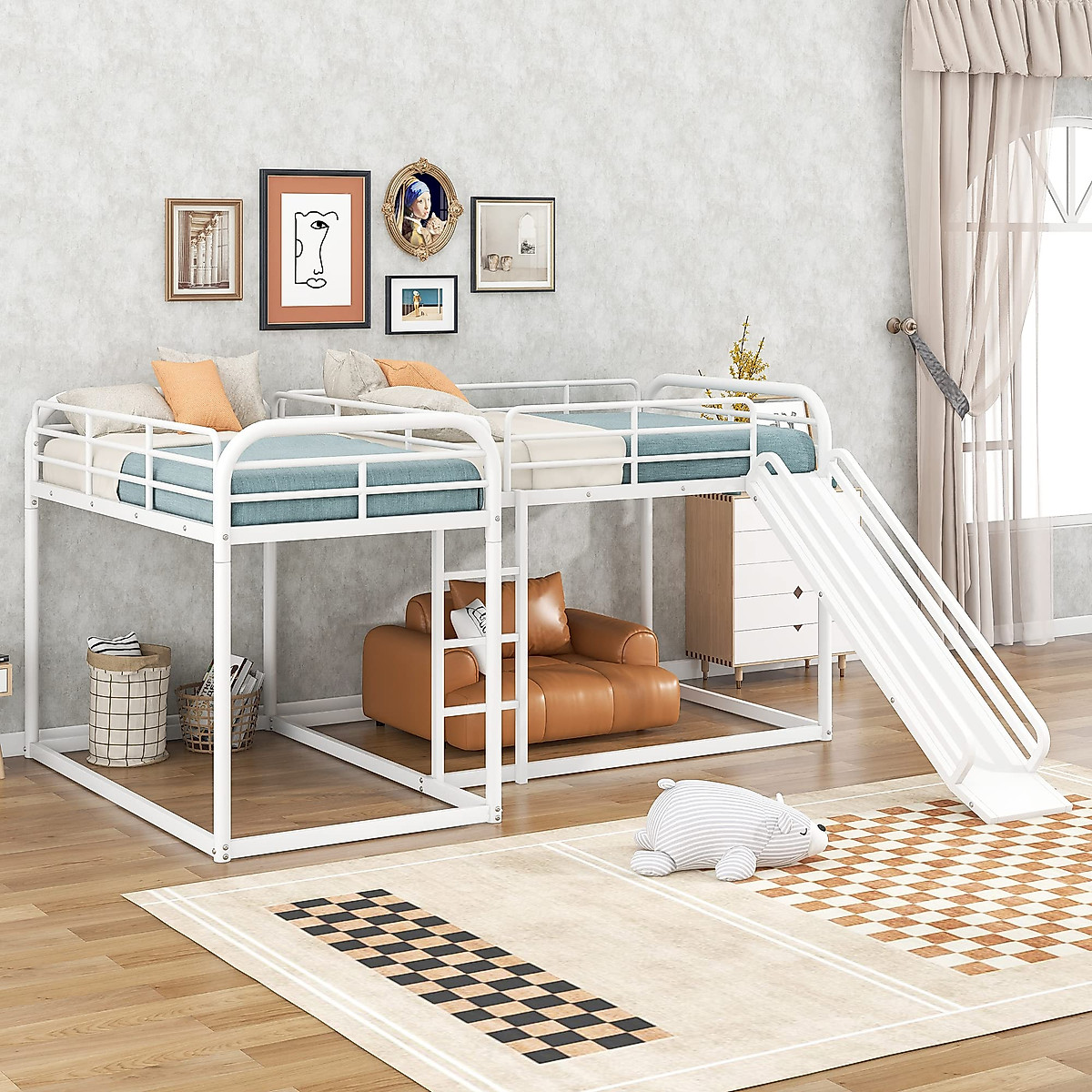 Merax L-Shaped Full Over Full and Twin Over Twin Metal Bunk Bed with Slide and Short Ladder, Full and Twin Size Bed Frame for Teens, 4 Beds in 1, White