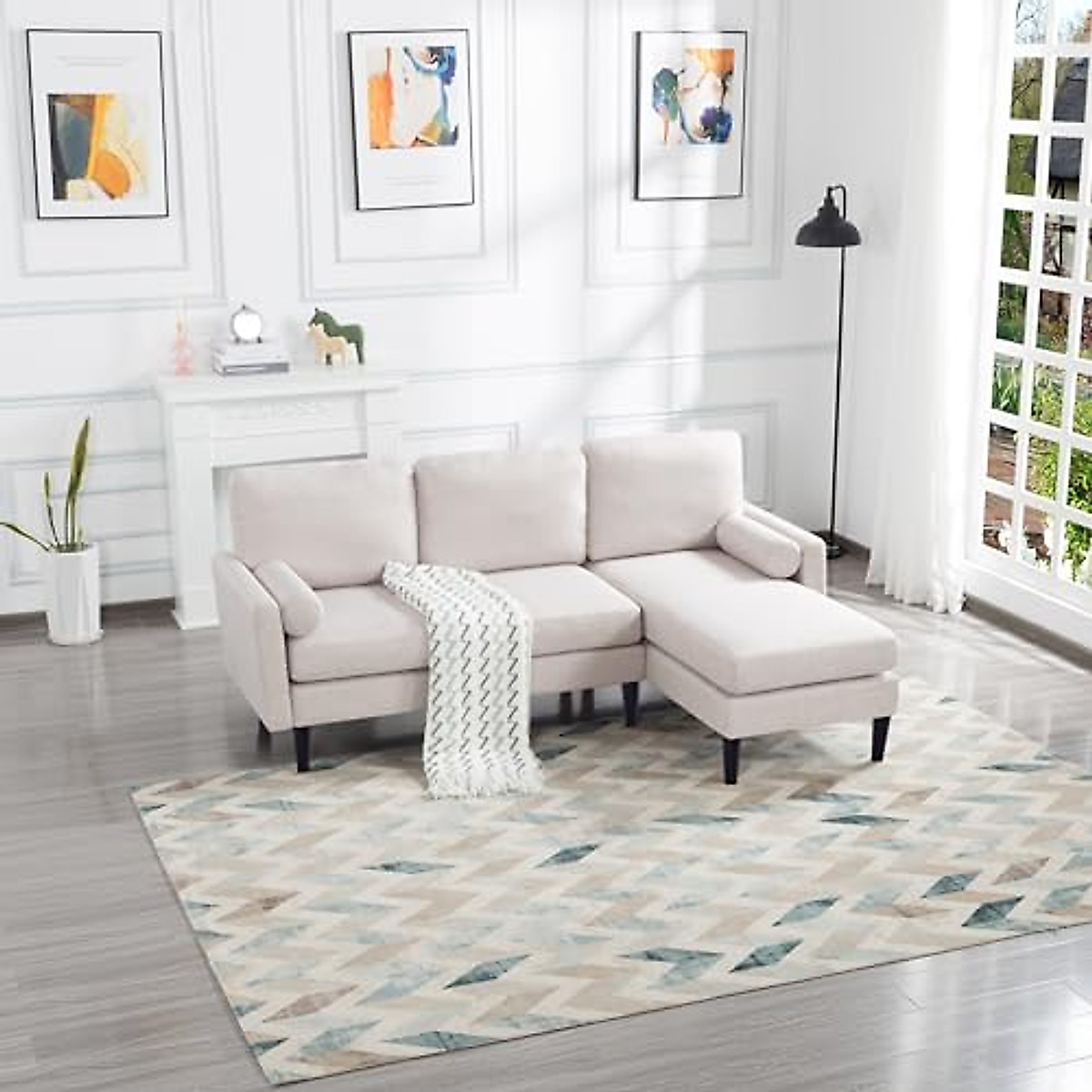 Convertible Modular Sectional Sofa,L-Shaped Reversible Corner Couch with Chaise Lounge and Rubber Wood Legs,Comfy Upholstery 3-Seat w/Toss Pillows for Living Room/Apartment/Office/Compact Space