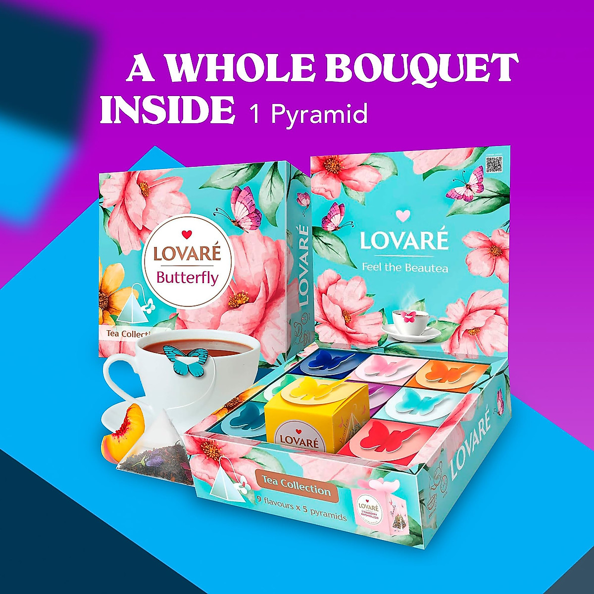 LOVARE Assorted Tea Pyramid Bags 45 Pack - Made in Ukraine - 9 Tastes of Tea Sampler Pyramids - Assortment with Black and Green Tea, Fruits, Flowers, Berries - Flavored Gift Box