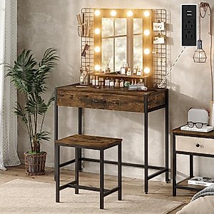 Furniouse Makeup Vanity Desk Set with LED Lights and Mirror, 33" W Makeup Table with Drawer & Charging Station, Dressing Table with Stool for Bedroom, Rustic Brown