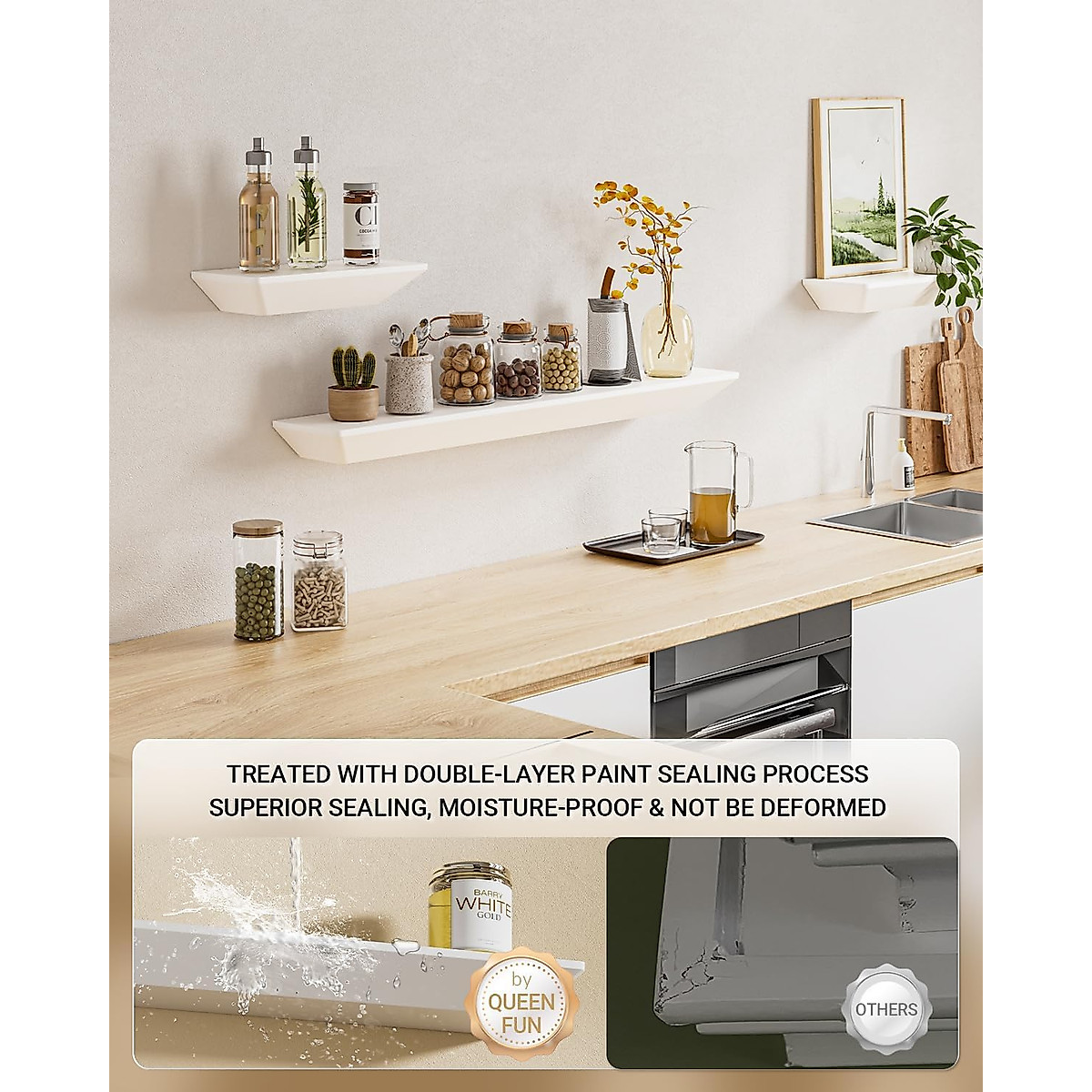 QueenFun 36 Inch White Floating Shelves, 6'' Deep Large White Floating Shelves for Wall, Easy Hanging Wall Shelves for Bedroom Living Room Bathroom Nursery, 2-Pack Crown Molding Decorative Shelves