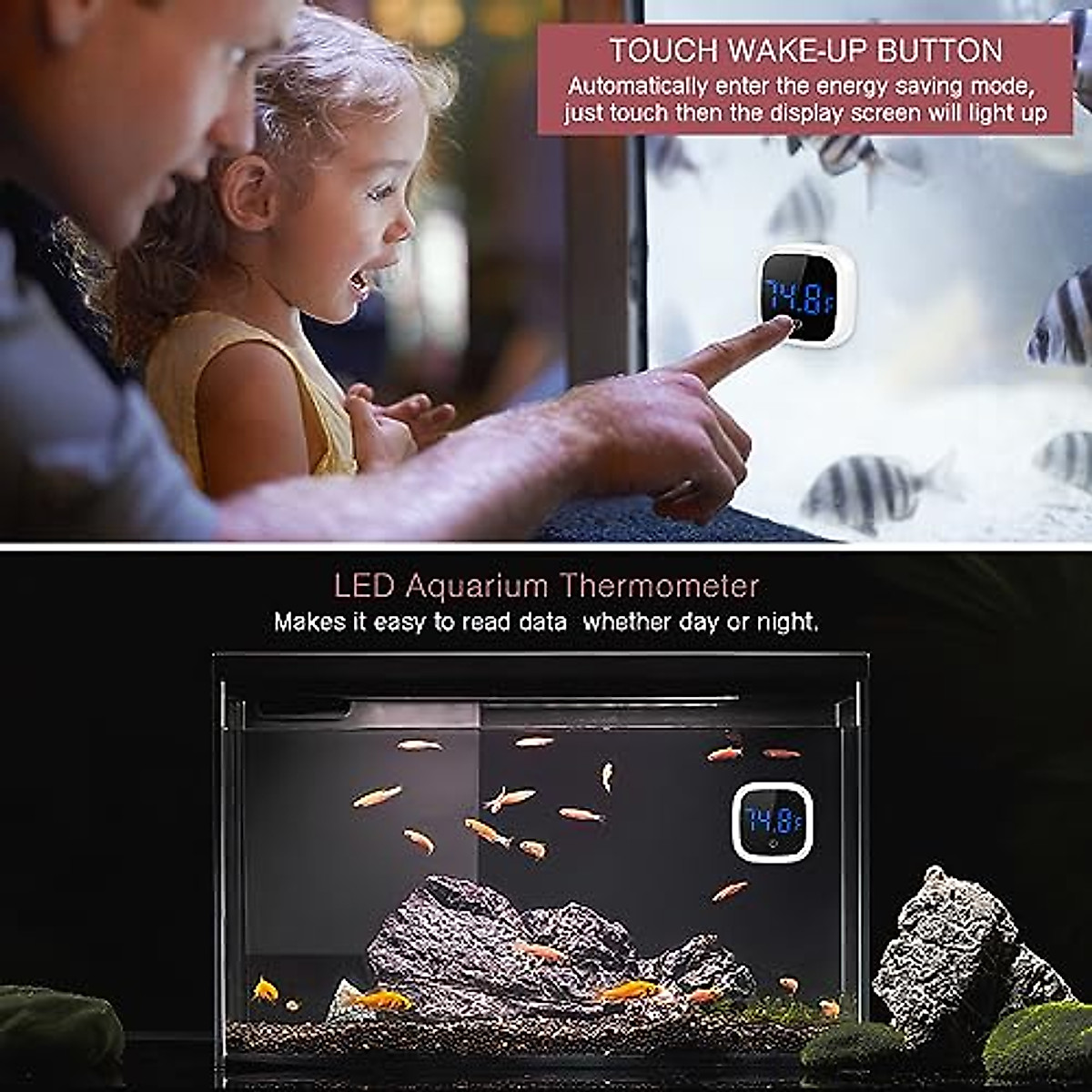LOFICOPER Digital Aquarium Thermometer, Stick-on Fish Tank Thermometer, Wireless Tank Temperature Sensor with LED Touch Screen, Battery, ℉, for Fresh Water, Tap Water, Marine Water