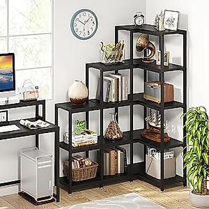 Tribesigns 5-Tier Corner Bookshelf, 63” Tall Modern L-Shaped Bookshelf Corner Bookcase, 17 Shelves Black Stepped Bookcase Display Rack Storage Shelf for Living Room Home Office (Black)