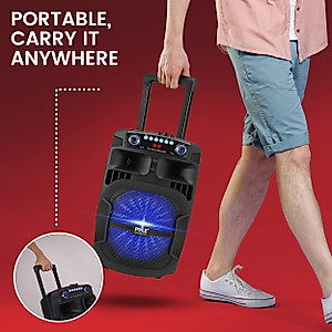 Pyle Portable Bluetooth PA Speaker System - 800W 12”Outdoor Bluetooth Speaker Portable PA System-Party Lights,USB SD Card Reader,FM Radio,Rolling Wheels-Wired microphone, Remote - PPHP128B, BLACK,BLUE
