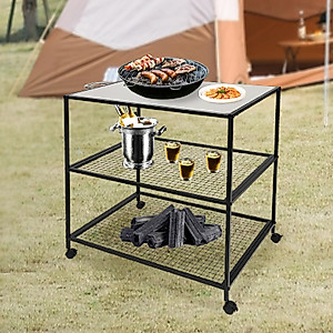 Outdoor Grill Cart,Three Shelf Dining Cart,New Upgraded Stainless Steel Removable Cooking Cart with Side Handle,Food Prep and Work Cart Flattop Stand Trolley for Kitchen, Outside Backyard Patio