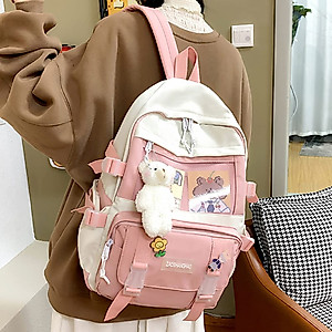 KOWVOWZ Kawaii Backpack with Pins Cute Aesthetic Plush Pendant for Girl Back to School Bag (Pink)