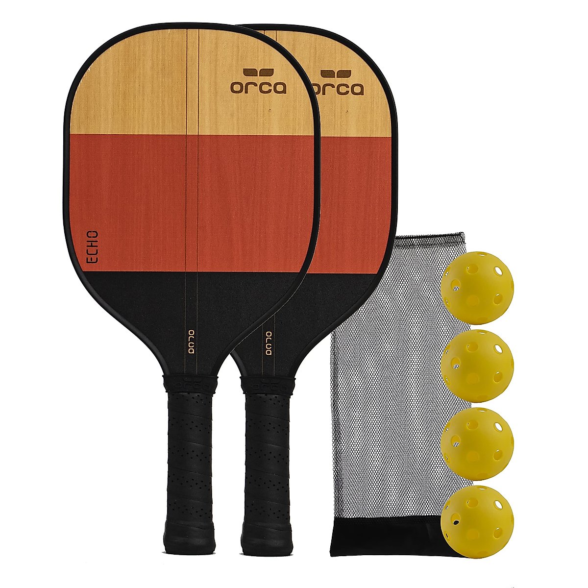 Orca Paddle Co. Echo Pickleball Paddles, Set of 2, with 4 Pickleballs, Mesh Bag - Racket for Beginners, Intermediate, Advanced Players - Pickle-Ball Accessories and Equipment