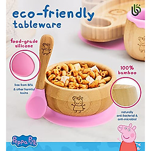 Peppa Pig Suction Bowl for Baby – Bamboo Baby Bowl and Spoon Set with Removable Silicone Suction Cup for Kids | 12oz | Non-Toxic | Cool to The Touch | Ideal for Baby-Led Weaning (Peppa Pig)