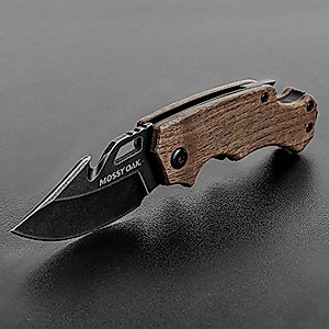 Mossy Oak Mini Folding Pocket Knife, Stainless Steel Drop Point Blade - EDC Multi-tool with Bottle Opener and Glass Breaker（Wood）