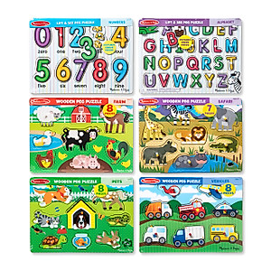 Melissa & Doug Wooden Peg Puzzle 6 Pack Numbers, Letters, Animals, Vehicles