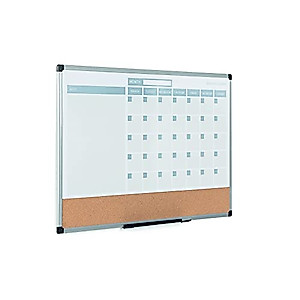 MasterVision Magnetic Dry Erase Monthly Calendar Planner Push Pin Corkboard Combo with Marker Tray, 24" x 36", Gray Plastic Frame, White, MB0707186P
