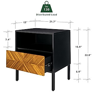 Bme Vivian Solid Wood Nightstand, End Table, Bedside Table with Herringbone Pattern for Rustic Bedroom, Easy Assembly, Rustic Golden Brown and Black