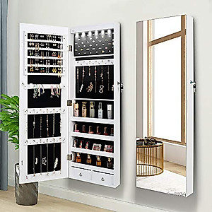 QUANYOU 6 LED Lights Lockable Full Mirror Full Screen Jewelry Organizer Wall Mounted/Door Mounted/Jewelry Cabinet Jewelry Armoire with Mirror/Full Length Mirror Hanging Mirror 7025 (White)