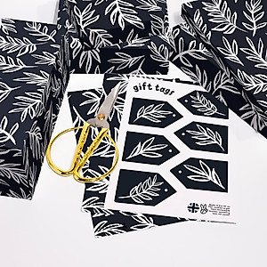 CENTRAL 23 Black Wrapping Paper - 6 Sheets Gift Wrap - Botanical Leaves - All Occasion Wrapping Paper - Eco - Comes With Fun Stickers