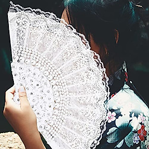 DECHOUS Lace Folding Fan Retro Folding Fan Folding Silk Fan Folding Fan Handheld Oriental Folding Fan Chinese Dance Fan Japan Foldable Fan Lunar New Year Hand Fan Large China Bride White