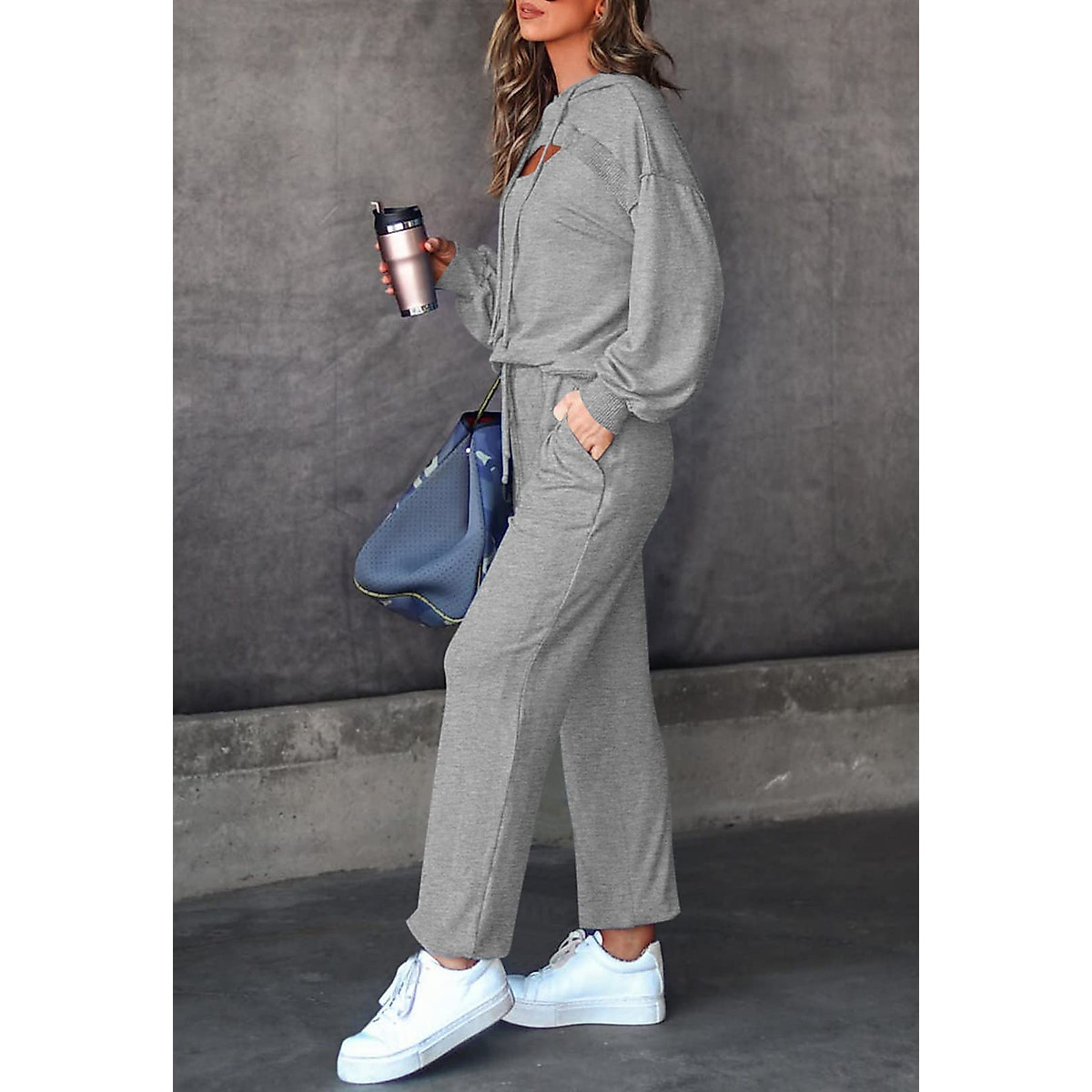 Pink Queen Women's Two Piece Lounge Set Sweatsuits Casual Fall Cutout Pullover Hoodies Tracksuit Ladies Running Active Drawstring Pants With Pockets Light Grey L