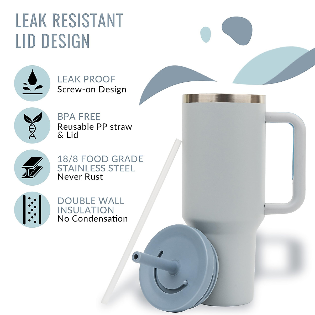 C&Y Company Tumbler With Straw and Handle 40oz, 40oz Tumbler With Silicone Straw, Leakproof Lid, Spill Proof Lid, Insulation Double Wall Stainless Steel Tumbler With Handle (Sky Blue)