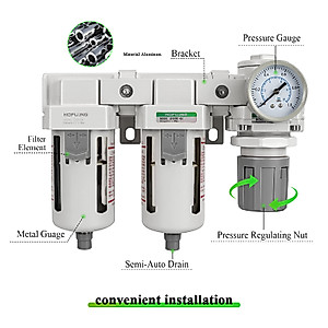 1/2" NPT Air Dryer System, 5 Micron Particulate Filter, 0.5＆0.01 Micron Coalescing Filters, Air Pressure Regulator Combo, 0-150 psi Gauge, Semi-Auto Drain, Poly Bowl, Metal Bracket