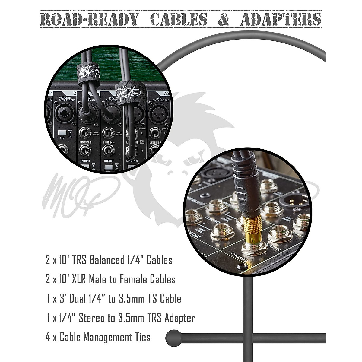 Mackie Mix12FX 12-Channel Compact Effects Mixer Bundle with 2x Mophead 10-Foot TRS Cable, 2x 10-Foot XLR Cable, 3-Foot 1/4" to 3.5mm TS Cable, 1/4" to 3.5mm Adapter, 4x Cable Ties, Microfiber Cloth