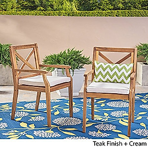 Christopher Knight Home Peter | Outdoor Acacia Wood Dining Chair Set of 2, Teak/Cream Cushion