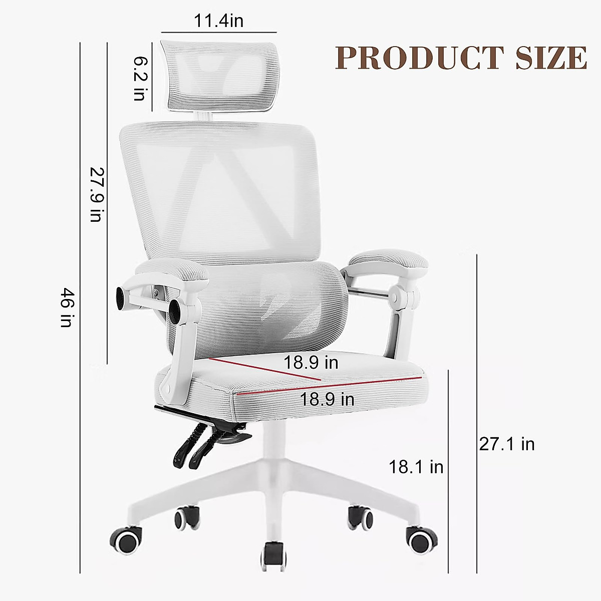 HDHNBA Ergonomic Home Office Chair Work Swivel Chairs with Wheels, Breathable Mesh Back Gaming Chair Adjustable Headrest White Desk Chair