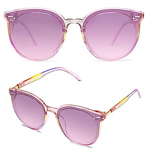 SOJOS Classic Round Sunglasses for Women Men Retro Vintage Shades Sunnies SJ2067 with Rainbow Large Plastic Frame/Gradient Purple Top and Pink Bottom Lens
