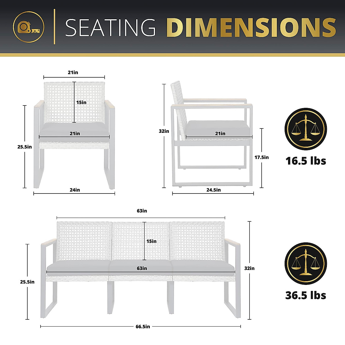 Kinger Home Keaton 4-Piece Outdoor Rattan Furniture Set with Teakwood Accents, Sofa, 2 Armchairs, Glass Coffee Table