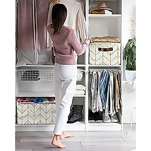 Storage Baskets for Organizing, Toy Box Chest Modern Herringbone Geometric White and Gold Foldable Cube Storage Bin with 2 Leather Handles Set of 1