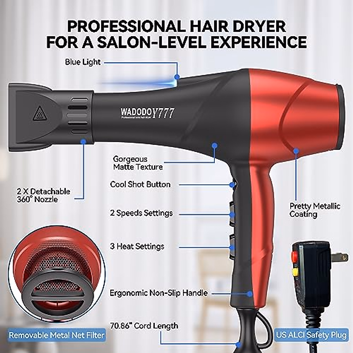 WADODO Hair Dryer, 2200W Professional Ionic Blow Dryer with Blue Ray Hair Care, Powerful Salon Fast Drying Constant Temperature Low Noise AC Motor Curly Hairdryer Blowdryer for Women Men(Black & Red)