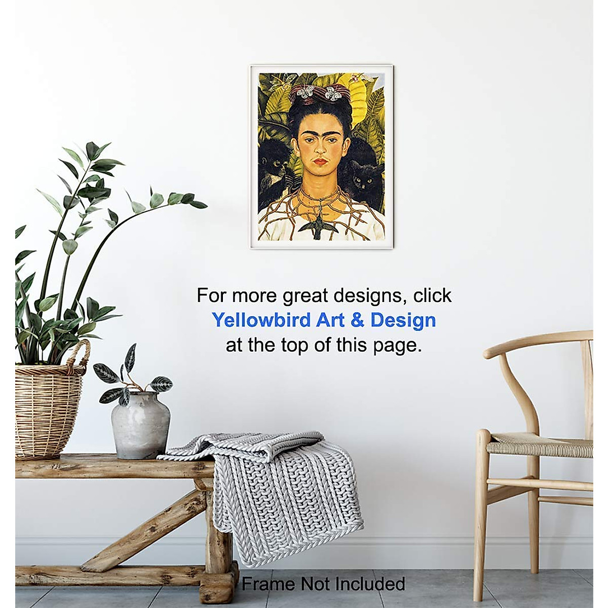 Poster - 8x10 Mexican Art Wall Decor Picture Print for Bedroom, Living Room, Home, Apartment - Gift for Women, Woman Artist - Monkey, Cat, Hummingbird Self-Portrait Painting - Unframed