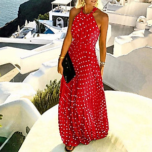 Women Fashion Print Polka Dot Print Sleeveless Pleated Dress Backless Zipper Holiday Casual Summer Dresses for Women