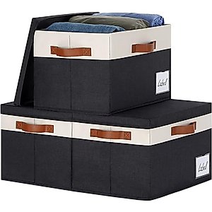 GhvyenntteS Large Storage Bins with Lids (3-Pack), Storage Baskets with Lid and Label Window, Foldable Fabric Storage Boxes with 3 Handles for Home Office College Dorms (Black, 15" x 11" x 9.7")