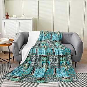 Bohemian Style Throw Blanket Blue Retro Exotic Flowers Decorative Flannel Blanket for Teens Adults Abstract Geometric Patchwork Plaid Fleece Blanket for Housewarming Sofa Twin 60x80