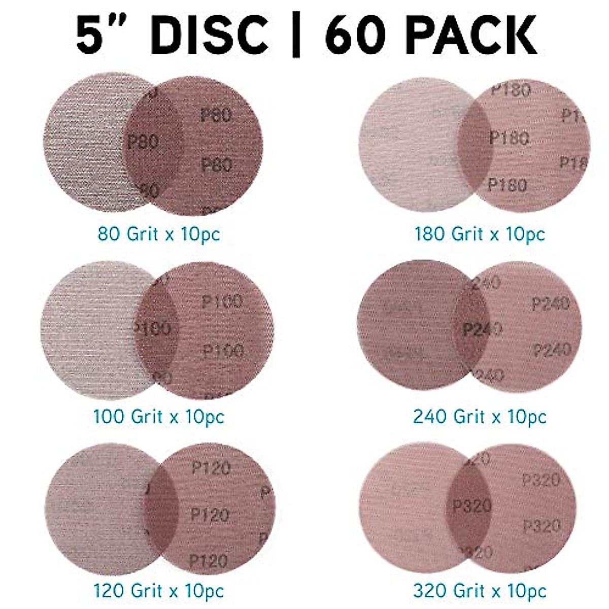 LotFancy 5 Inch Sanding Discs, 60PCS 80 100 120 180 240 320 Grit Mesh Abrasive Dustless Sandpaper Assortment for Car, Woodworking - Hook and Loop Random Orbital Sander Round Sand Paper