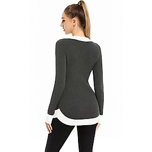 AmélieBoutik Women Cotton Blend V Neck Color Block Long Sleeve Curve Hem Sweater (Gray and Ivory White Medium)