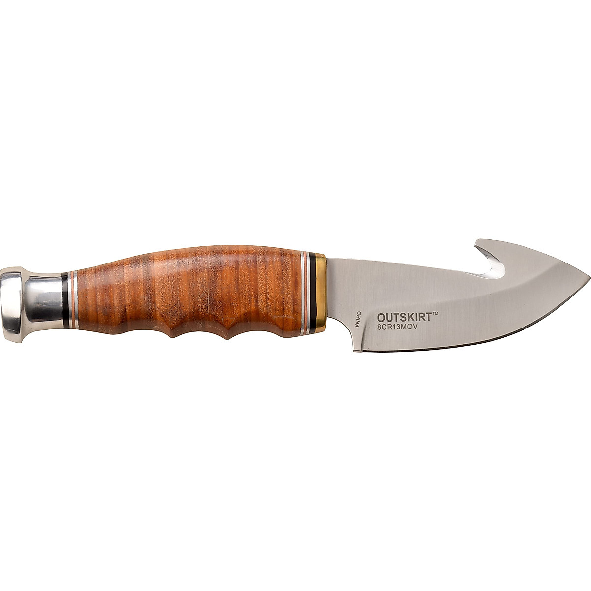 Elk Ridge - Outdoors OUTSKIRT Fixed Blade Knife - 8.25-in Overall, Satin Finish Stainless Steel Gut Hook Blade, Stacked Leather Handle, Includes Leather Sheath, Hunting, Camping, EDC - ER-200-29LBR