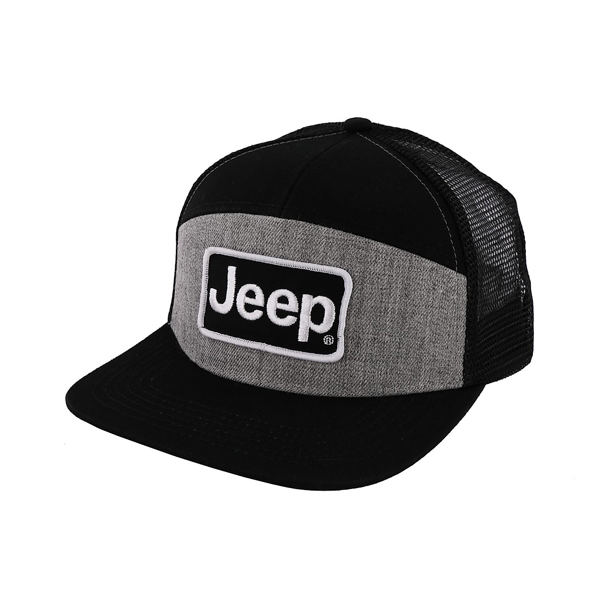 Jeep Premium 7 Panel Flatbill Snapback Patch Logo Hat for Men Heather Grey/Black