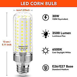 LED Light Bulbs 150W Equivalent LED Bulbs 3500LM 6500K Cool Daylight White 30W E26/E27 Base Ceiling Fan LED Corn Light Bulb for Garage Backyard Warehouse Basement Yard Indoor Outdoor(3 Pack)
