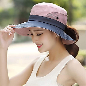 Womens Beach Sun Hat Mesh High Ponytail Hole Wide Brim UV Protection Bucket Hat Outdoor Fishing Cap Summer 22.5" (as1, Alpha, m, Pink)