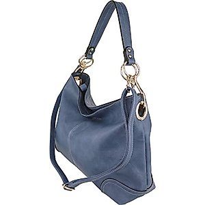 B BRENTANO Vegan Leather Large Hobo Shoulder Bag with Snap Hook Hardware (Denim.)