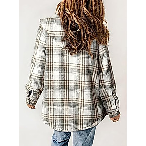Dokotoo Womens Casual Jackets Winter Warm Thick Fleece Lined Plaid Hooded Jacket Teddy Bear Button Down Sherpa Fluffy Long Sleeve Shacket Flannel Shirts Cute Fall Coat Outwear with Pockets Gray Large