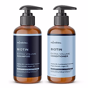 Aquableu Biotin Volumizing Shampoo & Conditioner Set – Natural Thickening & Volume For Thicker Fuller Hair - Promotes Healthy Hair Growth - Includes Coconut, Keratin, Argan & Jojoba Oil – Sulfate Free