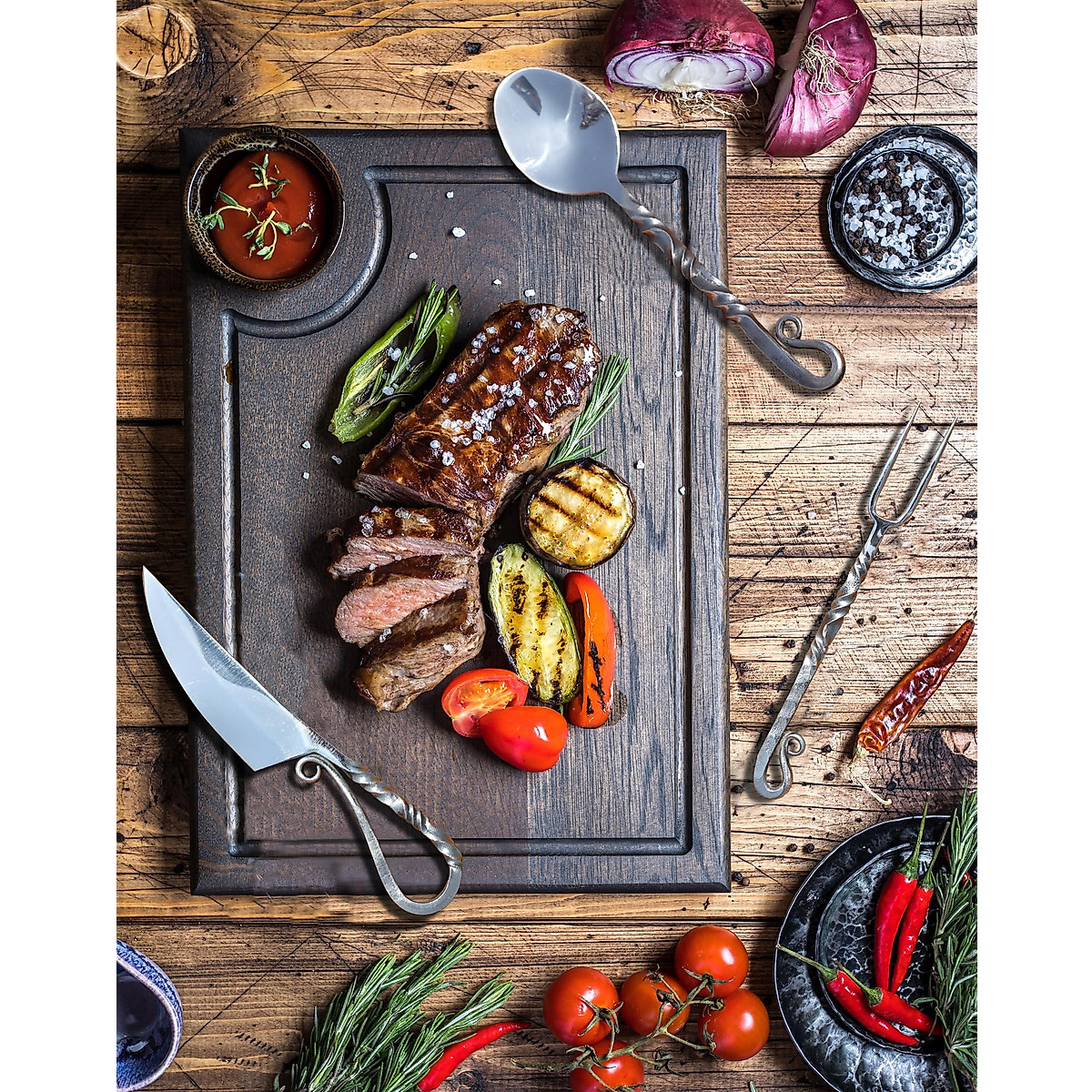 Customize 3 piece Viking Medieval Cutlery Set, Hand Forged Medieval Feasting Set, Handmade Twisted Pattern Eating Utensil Set, Flatware Carbon Steel Set with Leather Pouch